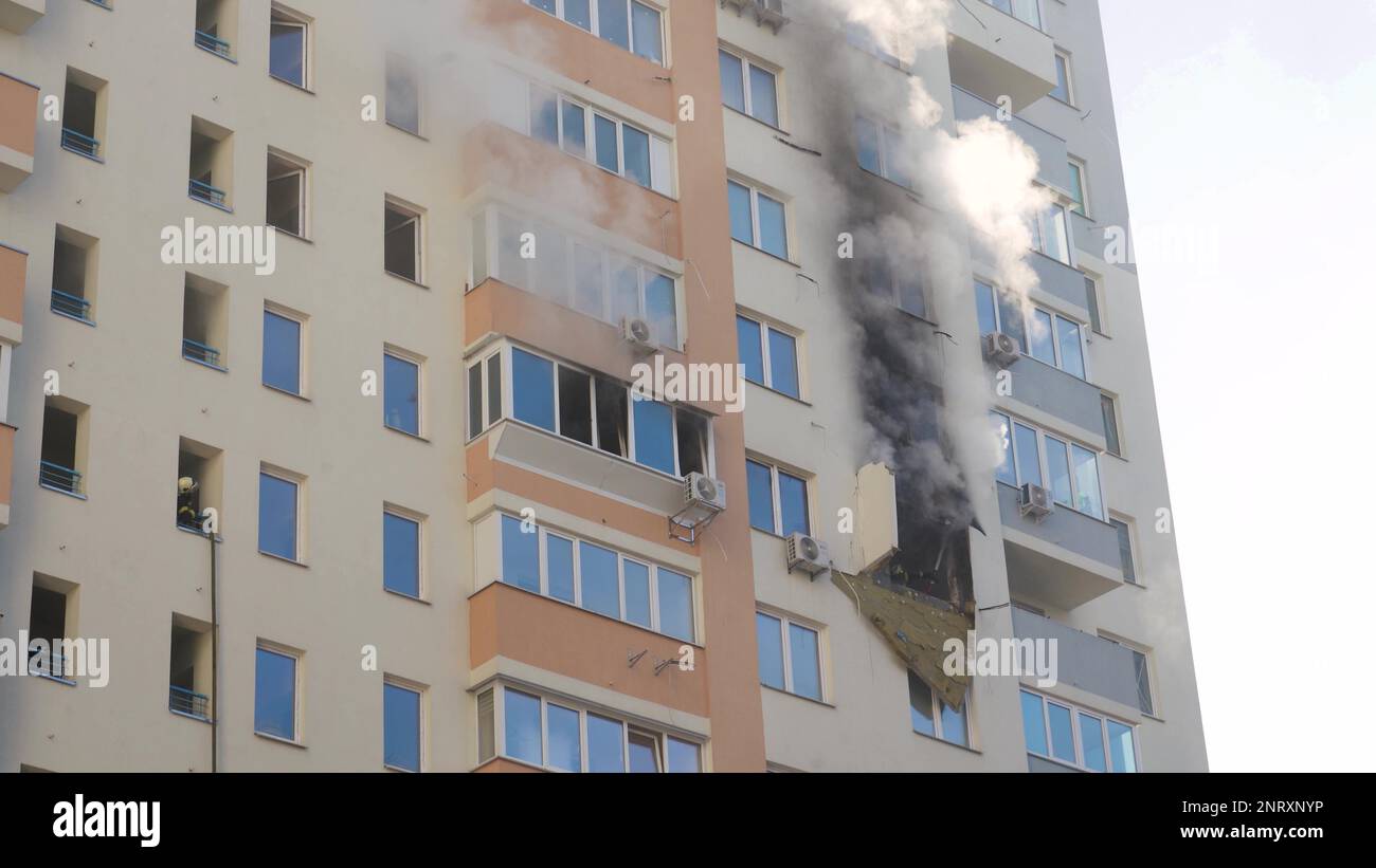 Kyiv, Ukraine - November 15, 2022: Smoke comes from burning rooms in a ...