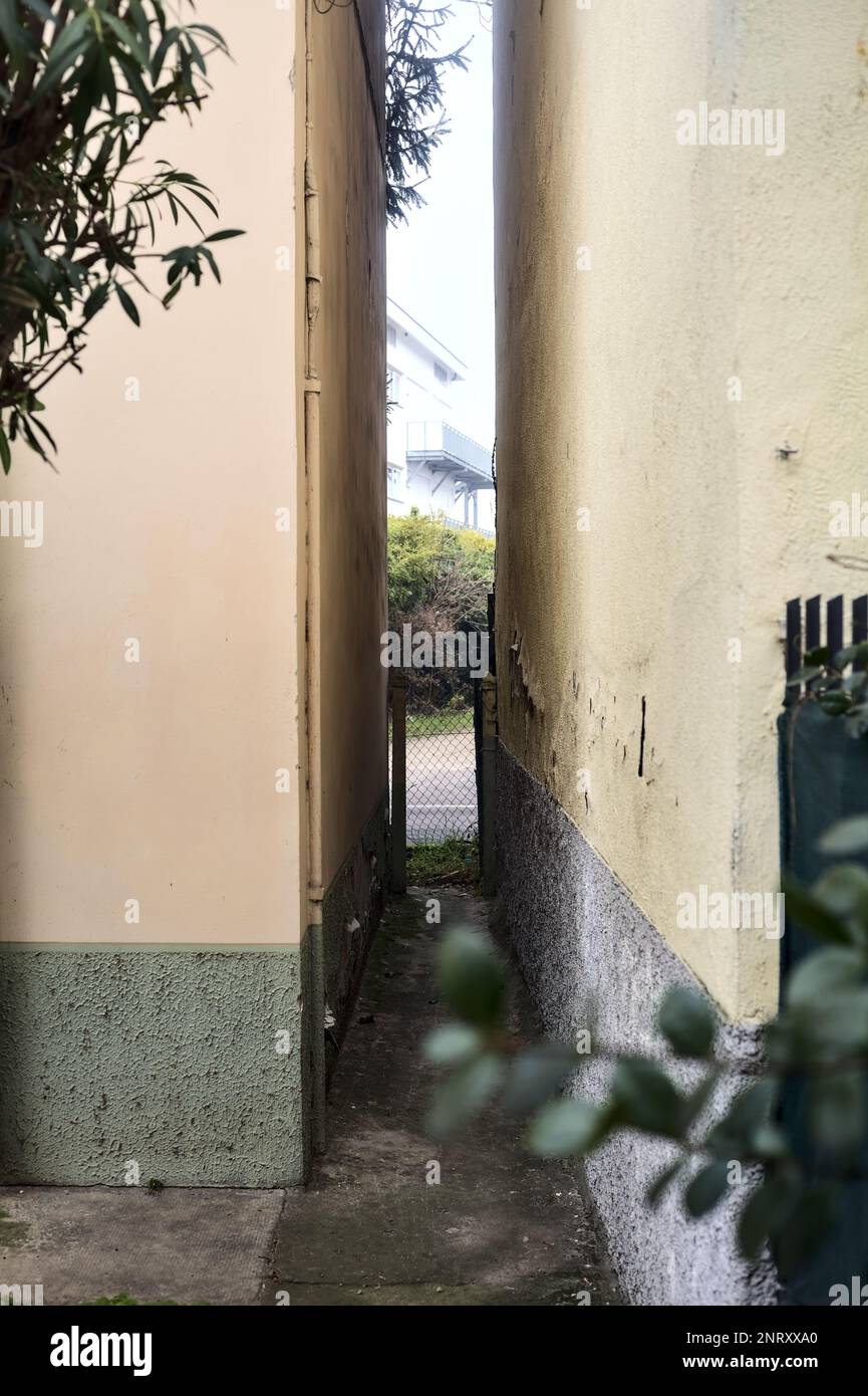Small passage between buildings in a village on a foggy day Stock Photo ...