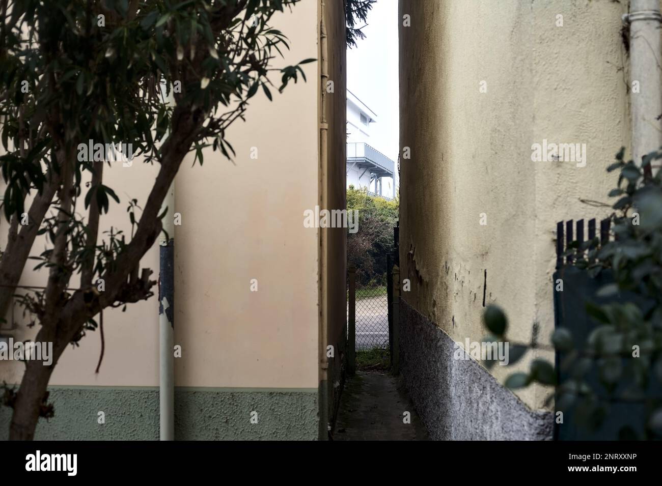 Small passage between buildings in a village on a foggy day Stock Photo ...