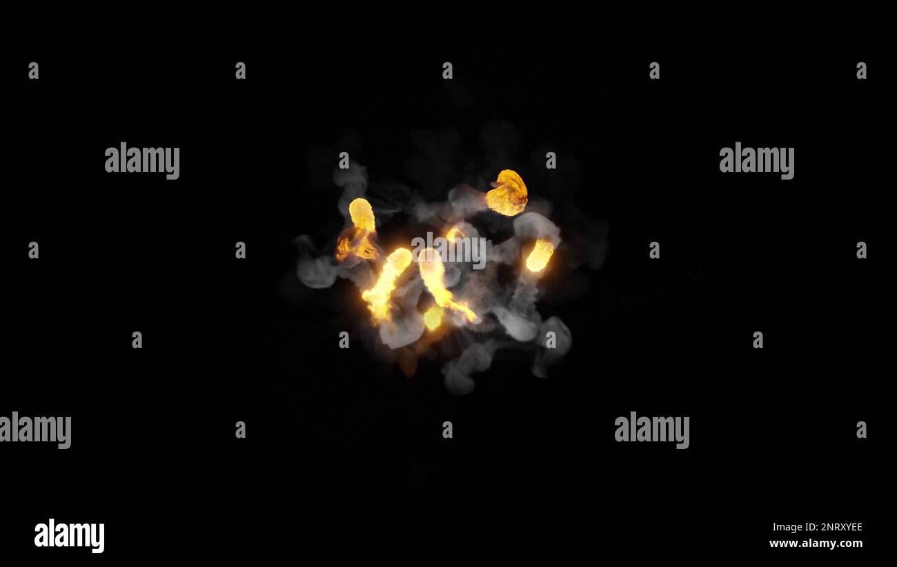 3D rendering of multi-colored fireballs flying along a complex ...