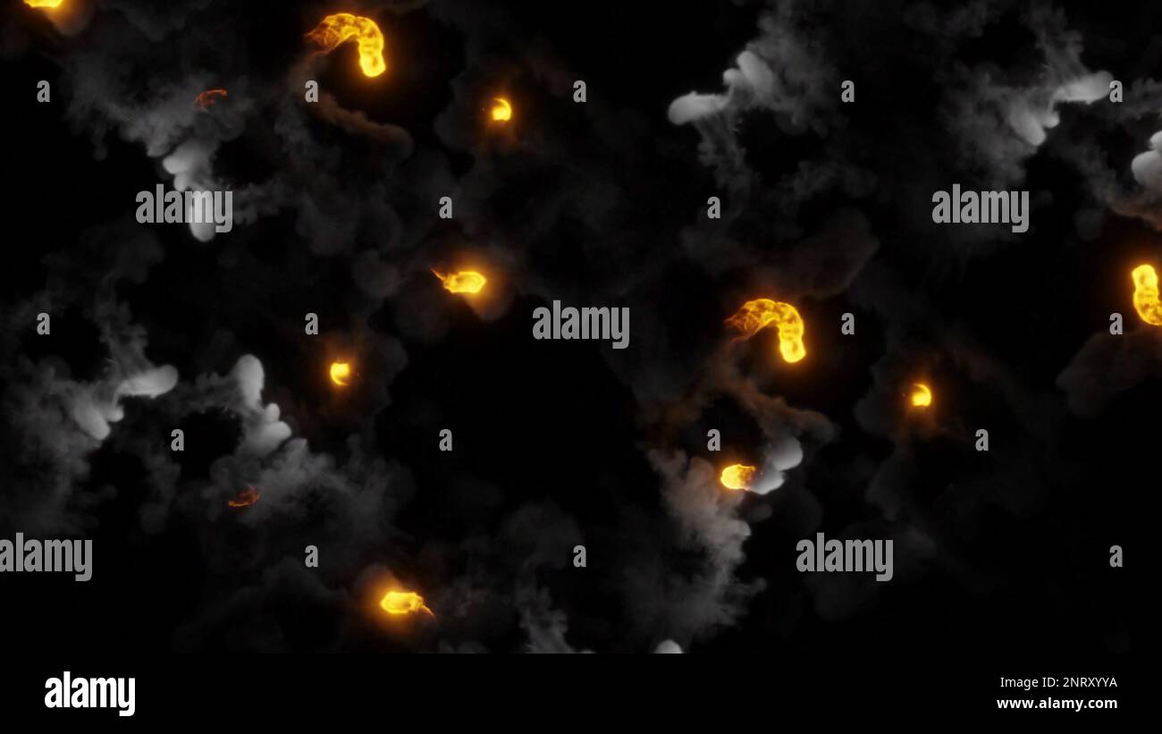 3D rendering of multi-colored fireballs flying along a complex ...