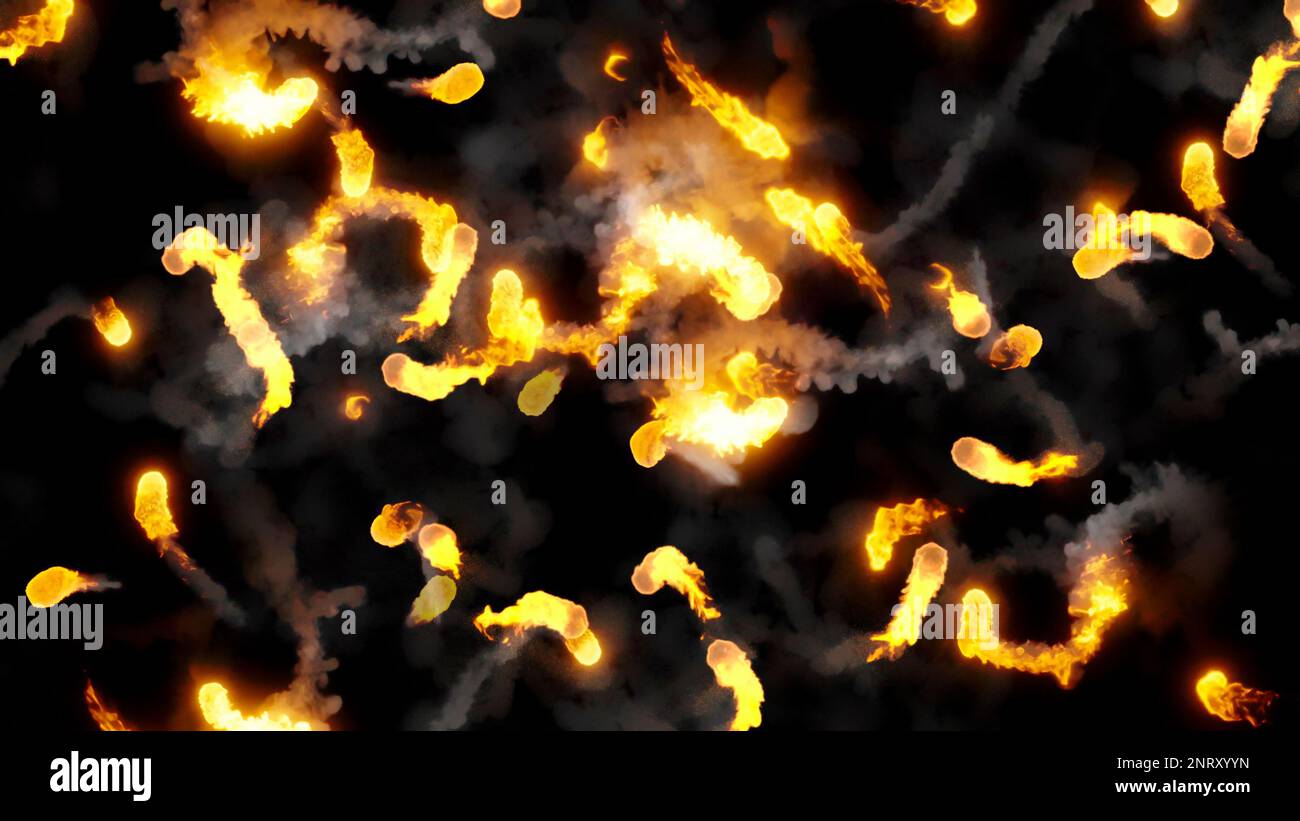 3D rendering of multi-colored fireballs flying along a complex ...