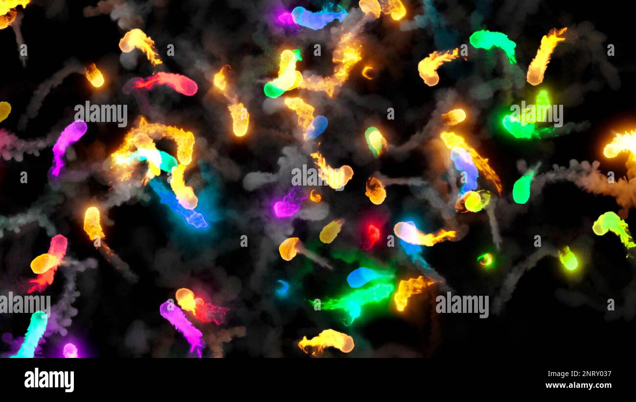 3D rendering of fireballs flying along a complex trajectory. Bright ...