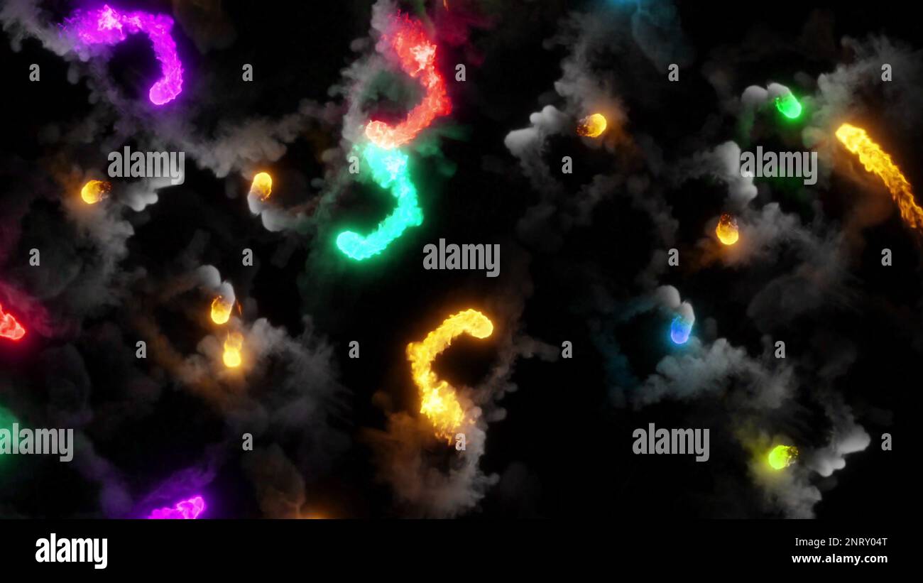 3D rendering of fireballs flying along a complex trajectory. Bright ...
