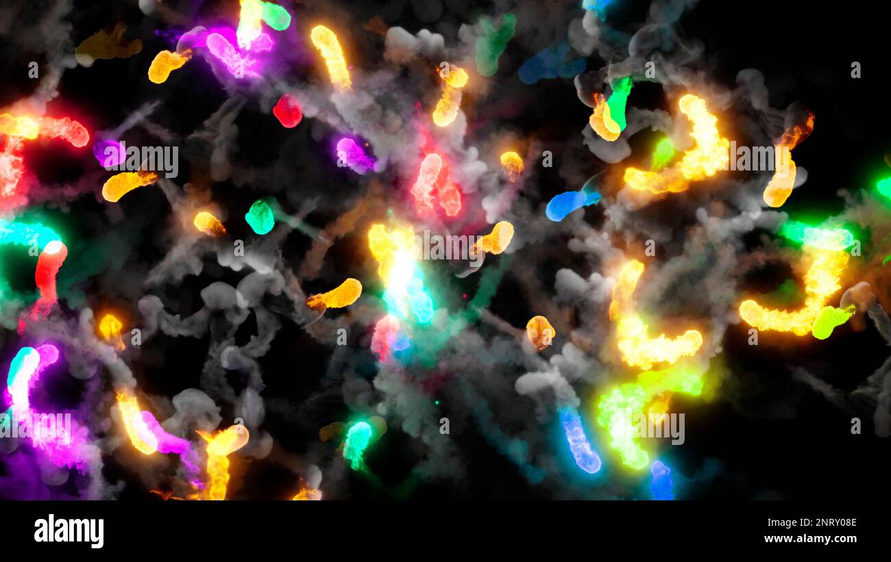 3D rendering of fireballs flying along a complex trajectory. Bright ...