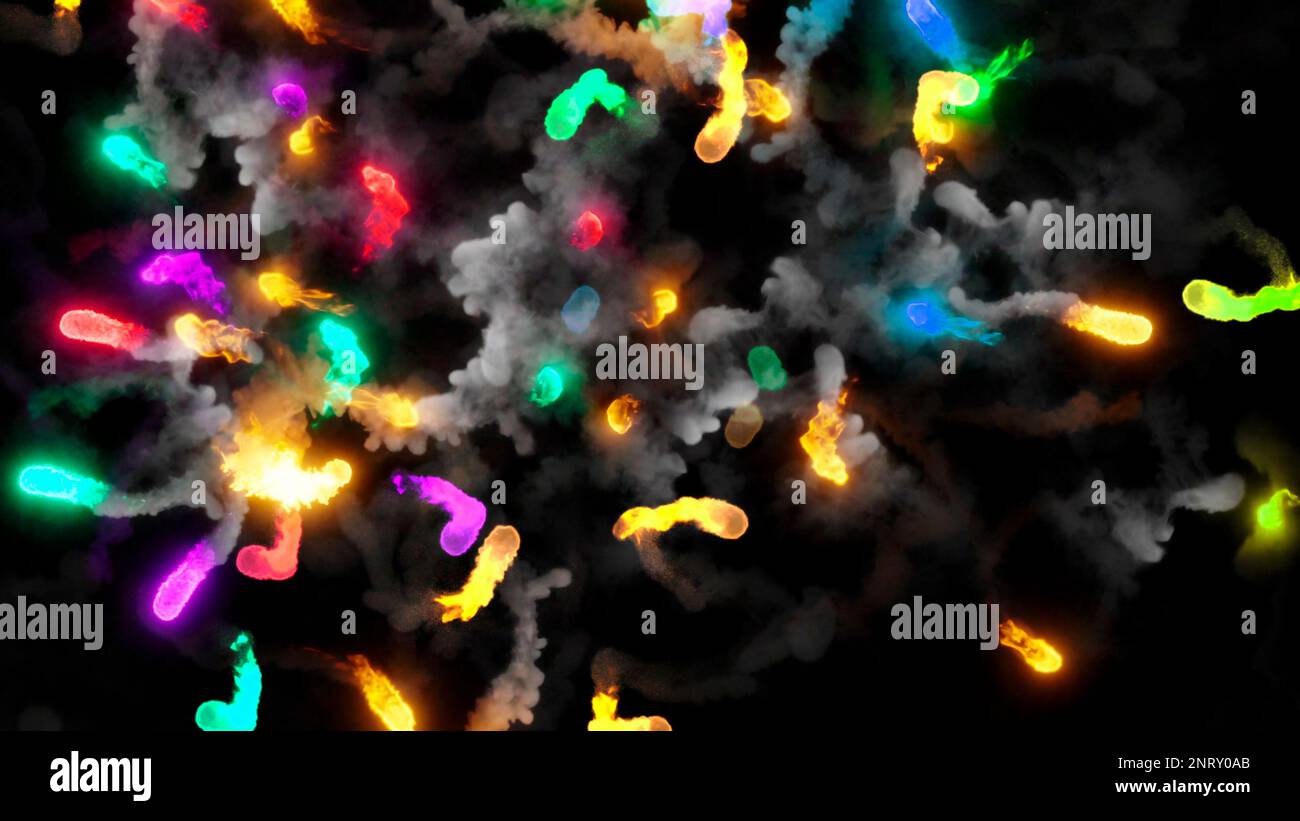 3D rendering of fireballs flying along a complex trajectory. Bright ...