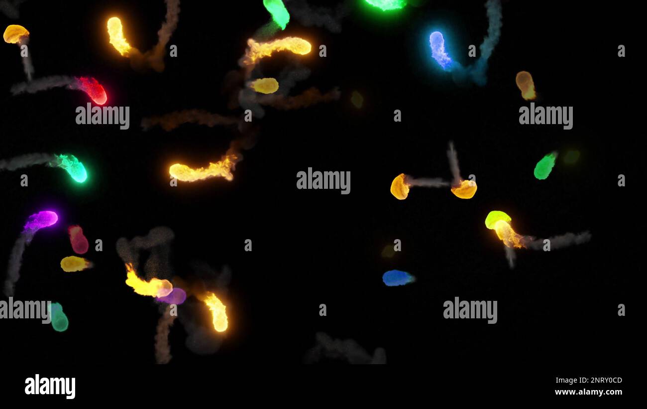 3D rendering of fireballs flying along a complex trajectory. Bright ...