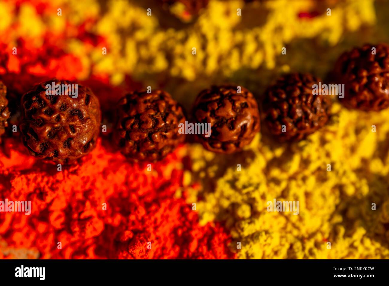 Colorful traditional holi powder on the table with wooden prayers ...