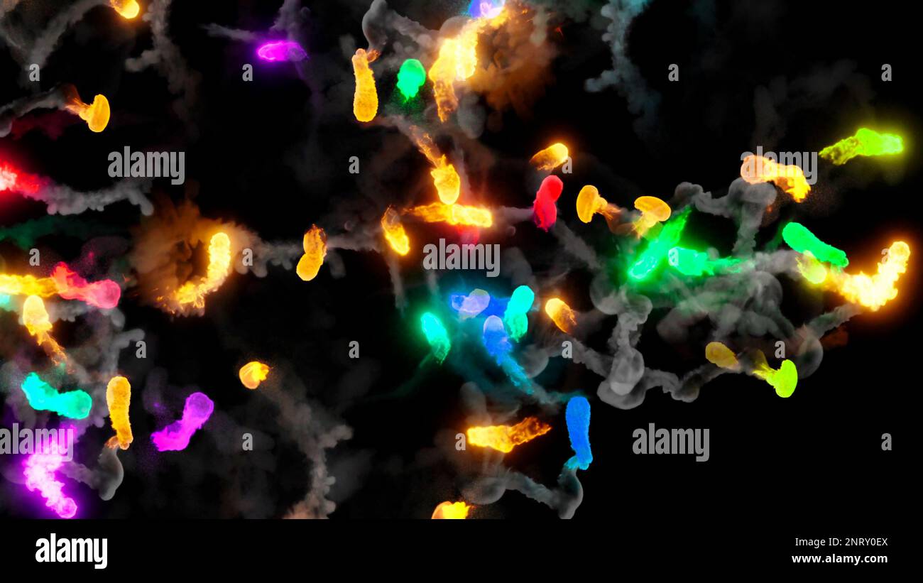 3D rendering of fireballs flying along a complex trajectory. Bright ...