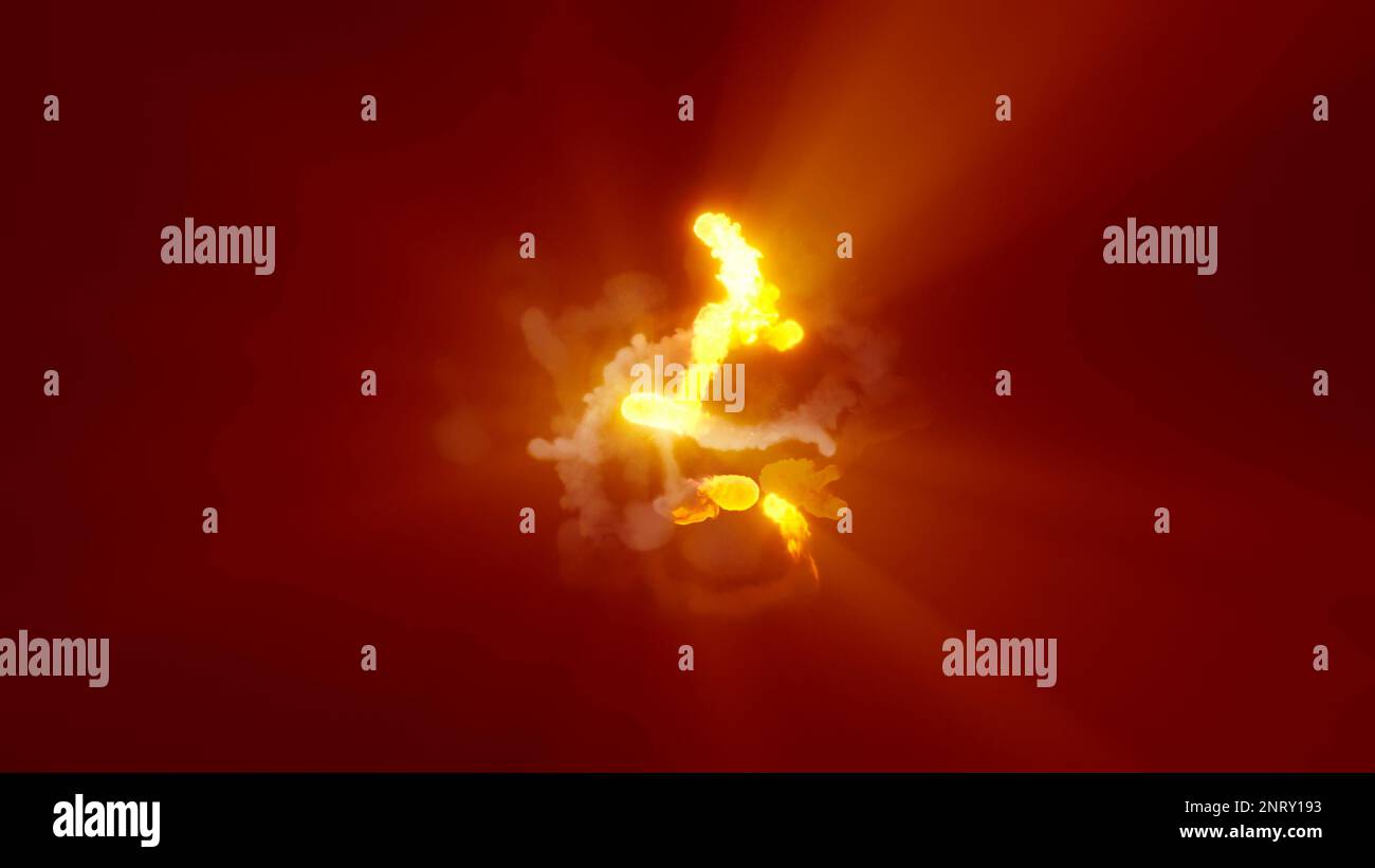 3D rendering of multi-colored fireballs flying along a complex ...