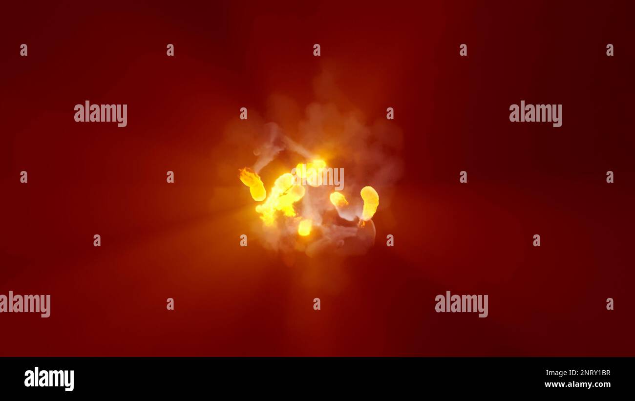 3D rendering of multi-colored fireballs flying along a complex ...