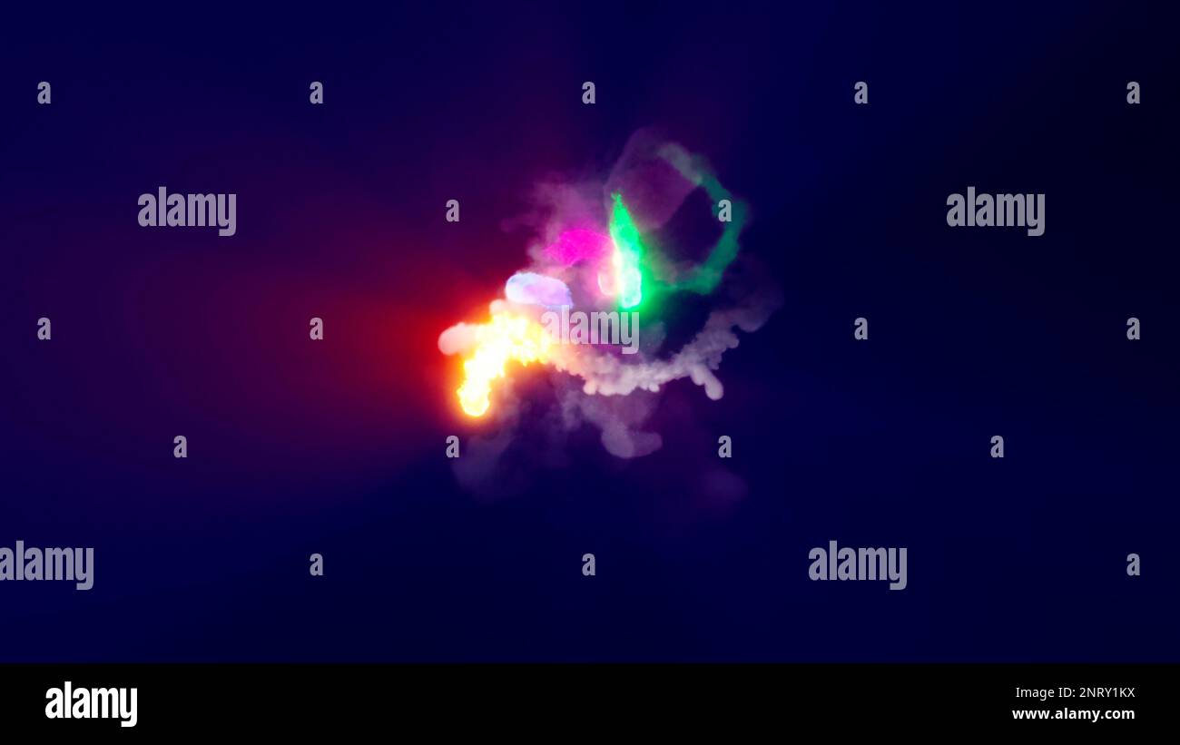 3D rendering of fireballs flying along a complex trajectory. Bright ...