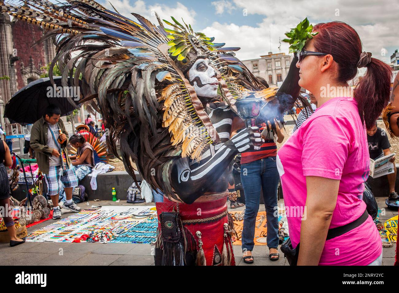 Aztec folk healer, shaman practising spiritual cleansing,Plaza de la ...