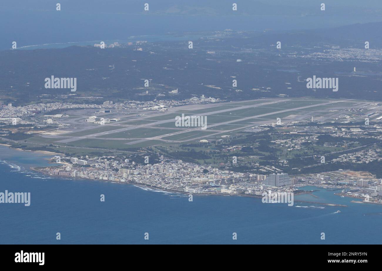An aerial photo shows U.S. Air Force's Kadena Air Base in Okinawa ...
