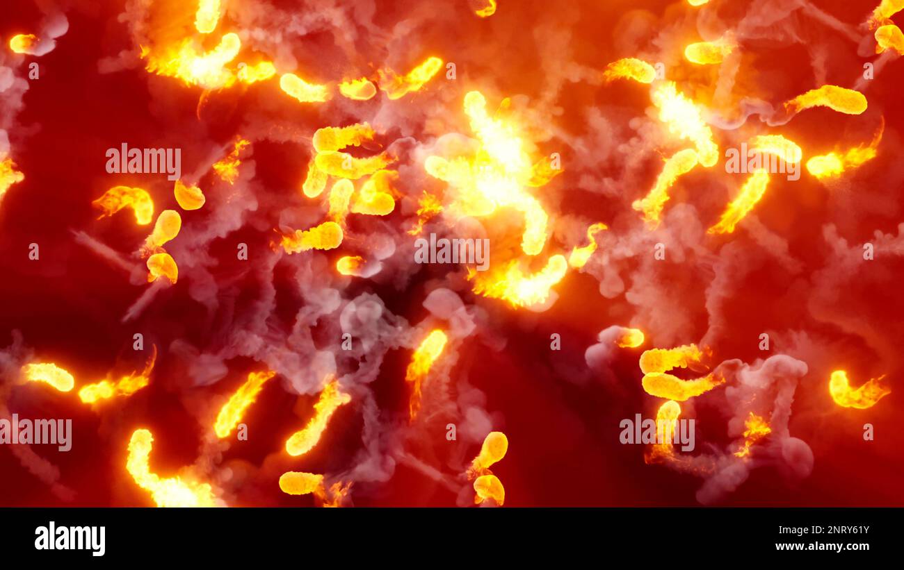 3D rendering of multi-colored fireballs flying along a complex ...