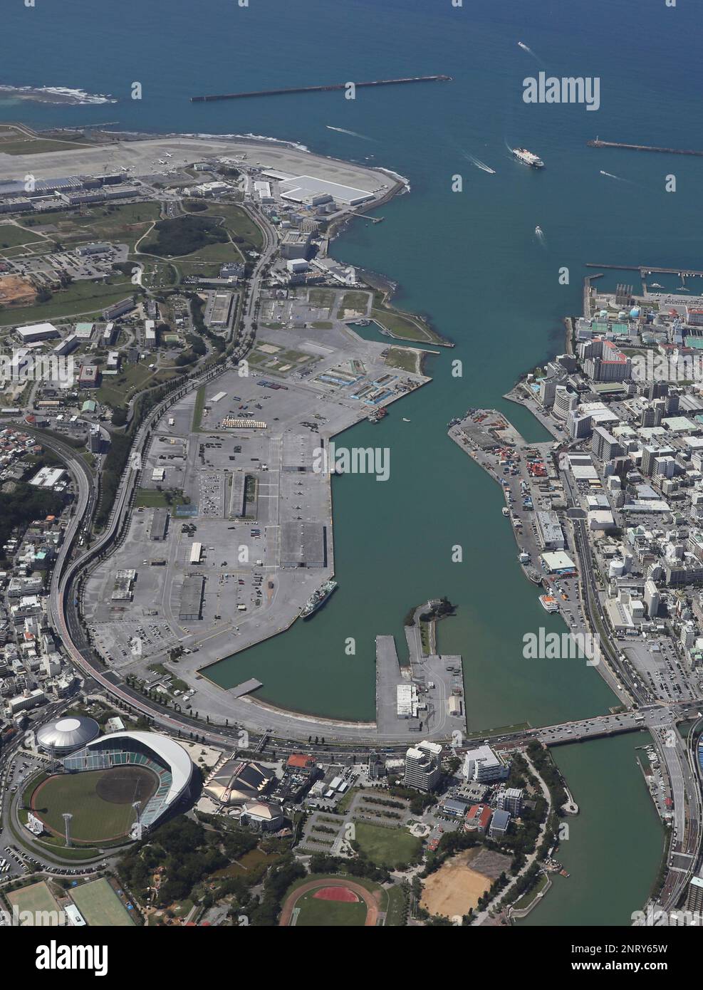 An aerial photo shows United States Forces Japan Naha Port Facility ...