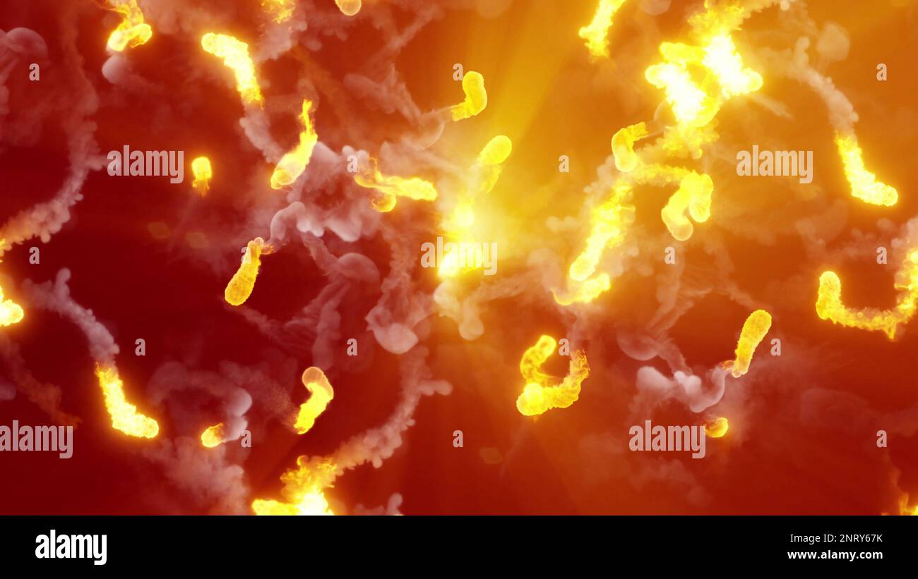 3D rendering of multi-colored fireballs flying along a complex ...
