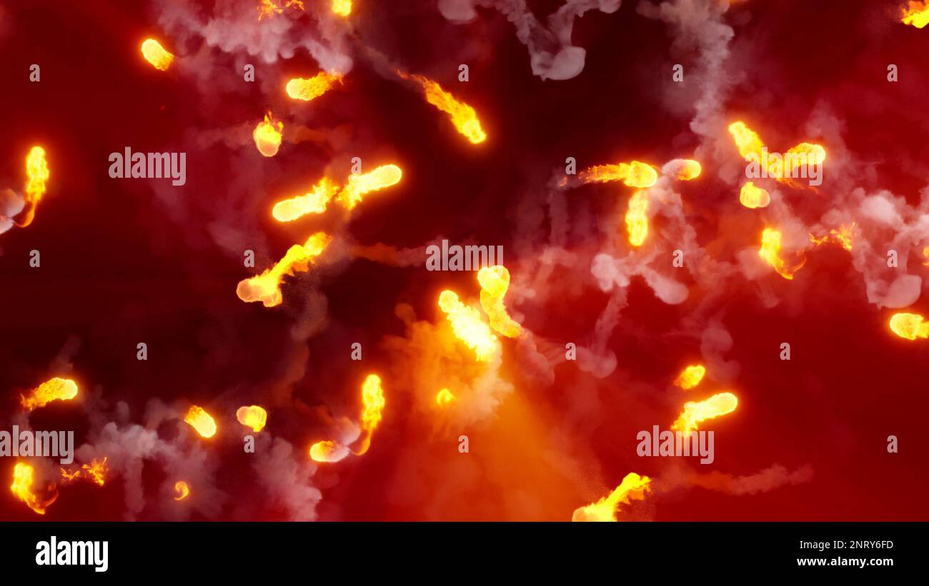 3D rendering of multi-colored fireballs flying along a complex ...