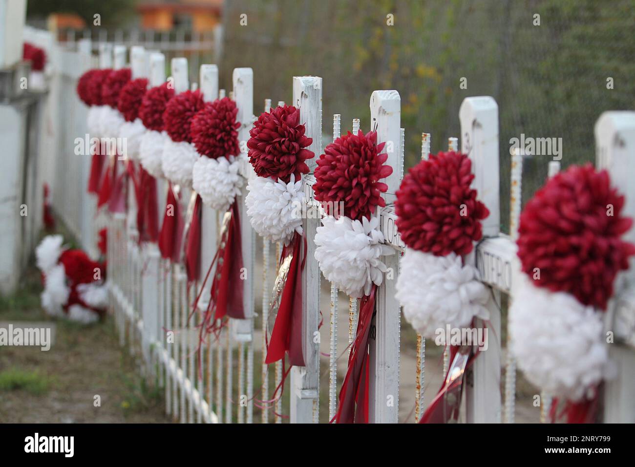 This Sept. 16, 2019, photo shows 21 crosses with the names of students ...