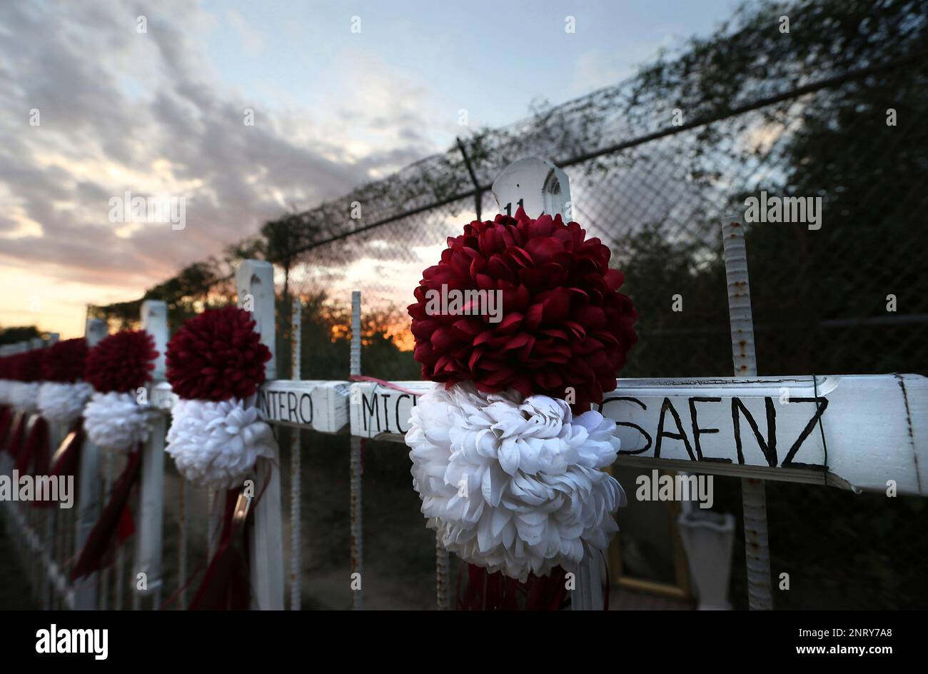 This Sept. 16, 2019, photo shows 21 crosses with the names of students ...