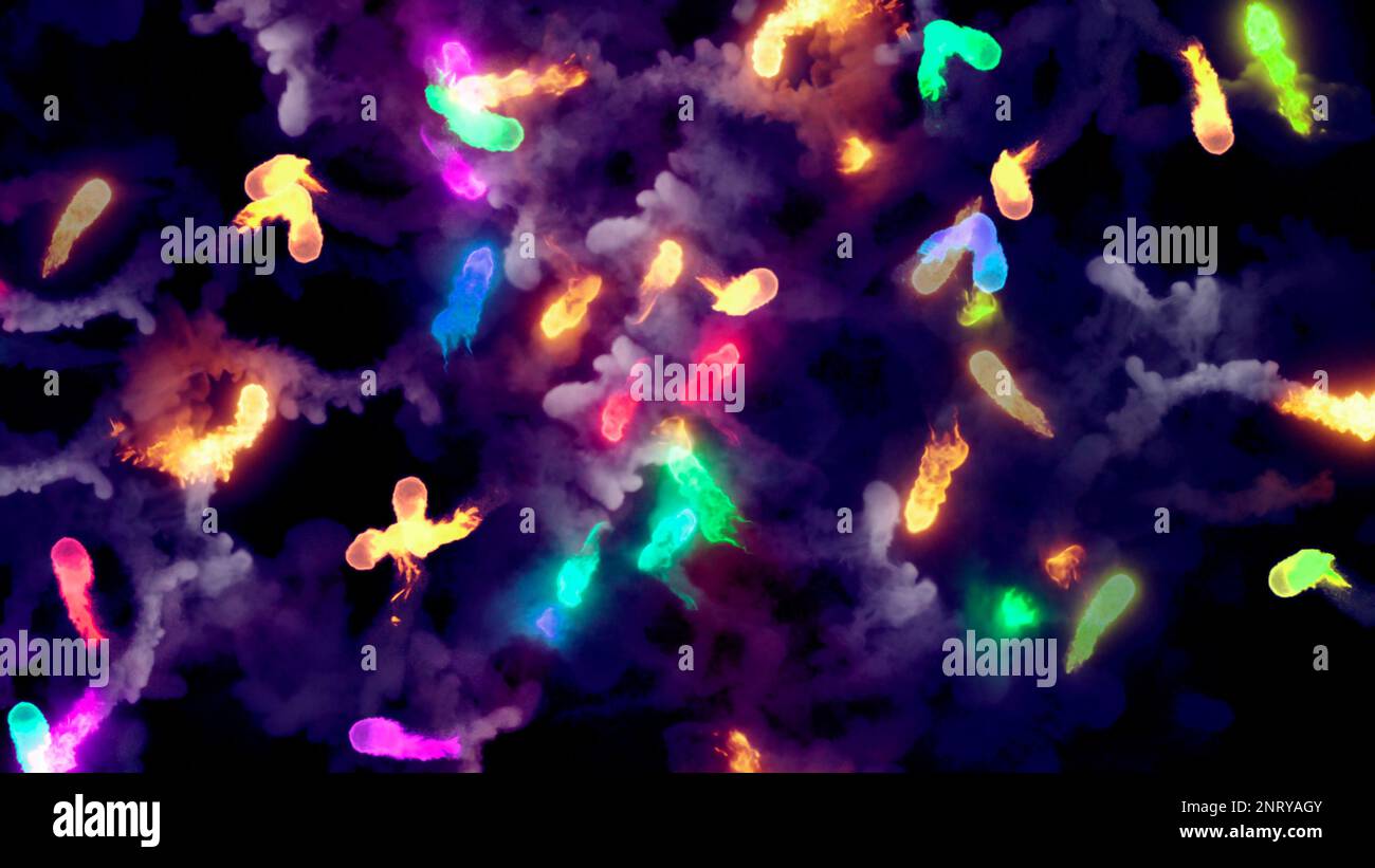 3D rendering of fireballs flying along a complex trajectory. Bright ...