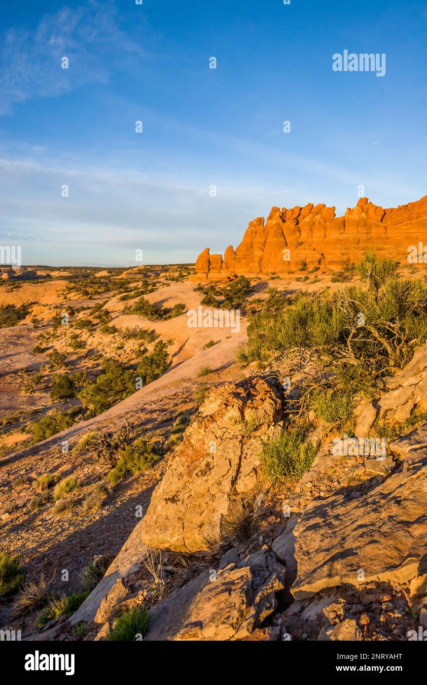 The Entrada sandstone formations of the Navajo Rocks at sunrise near ...