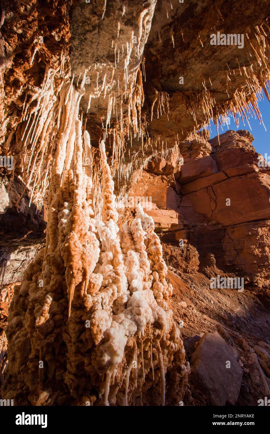 Stalactite and stalagmite mineral formations in the mouth of Fantasy ...