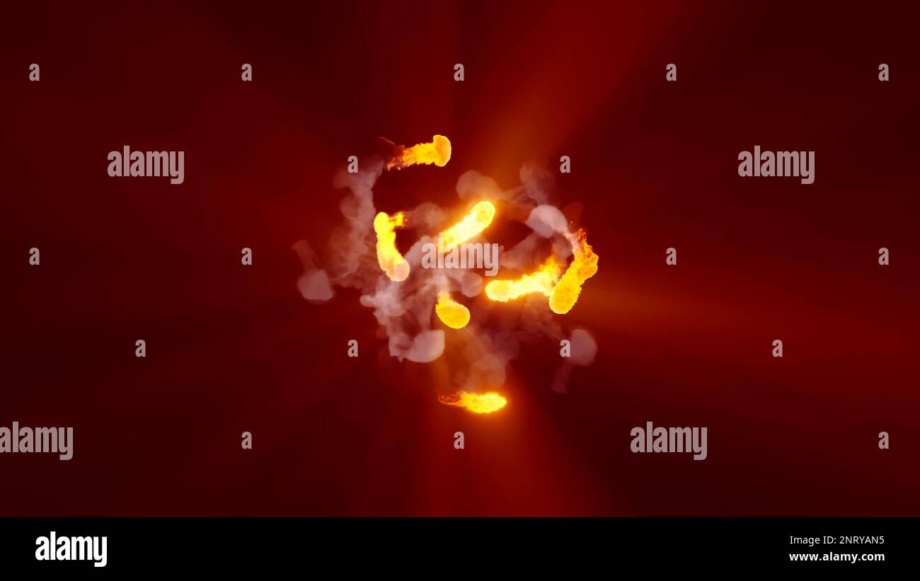 3D rendering of multi-colored fireballs flying along a complex ...