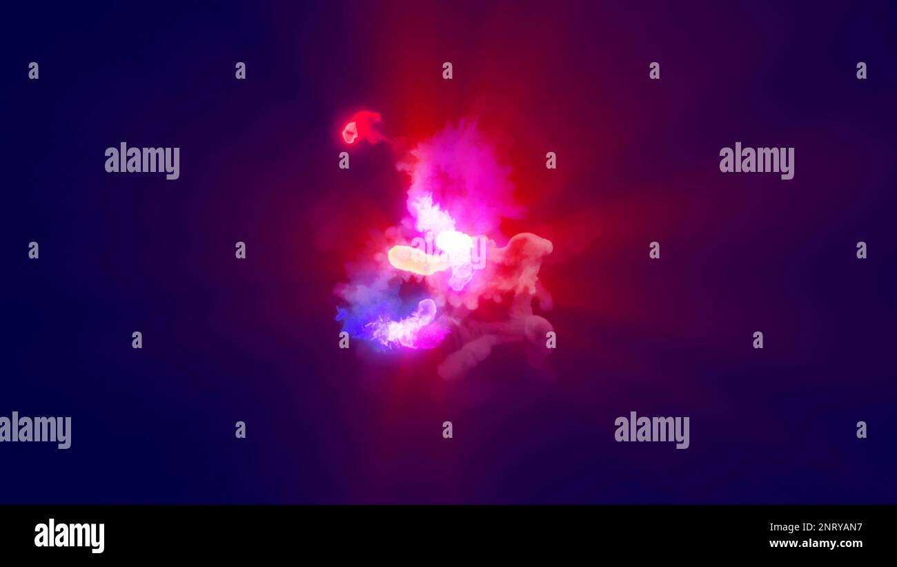 3D rendering of fireballs flying along a complex trajectory. Bright ...