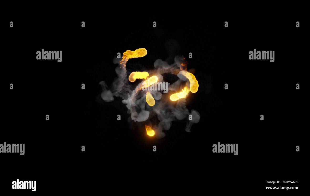 3D rendering of multi-colored fireballs flying along a complex ...