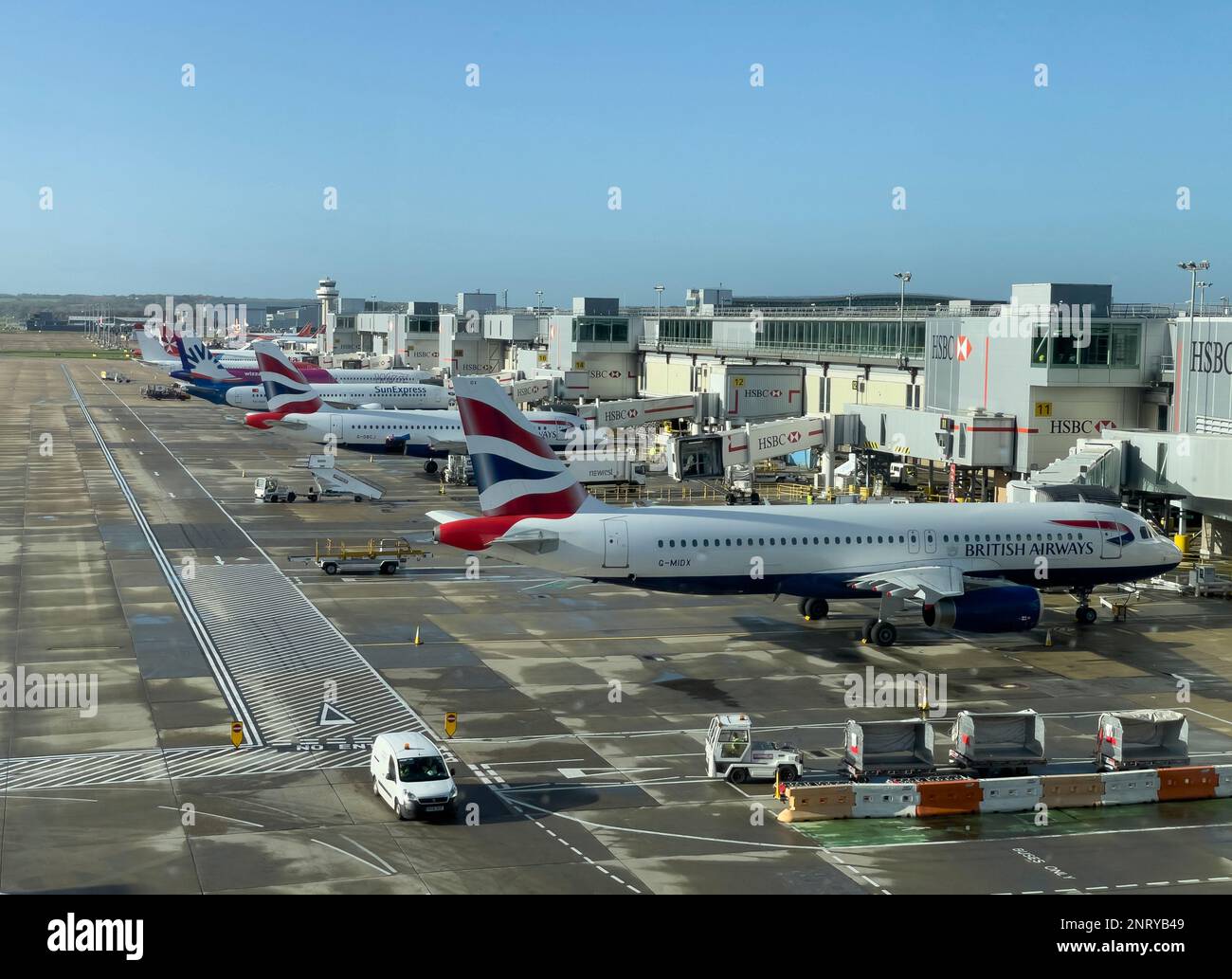 Crawley, Sussex, England, UK. 2022. Passenger jets on the apron of an ...