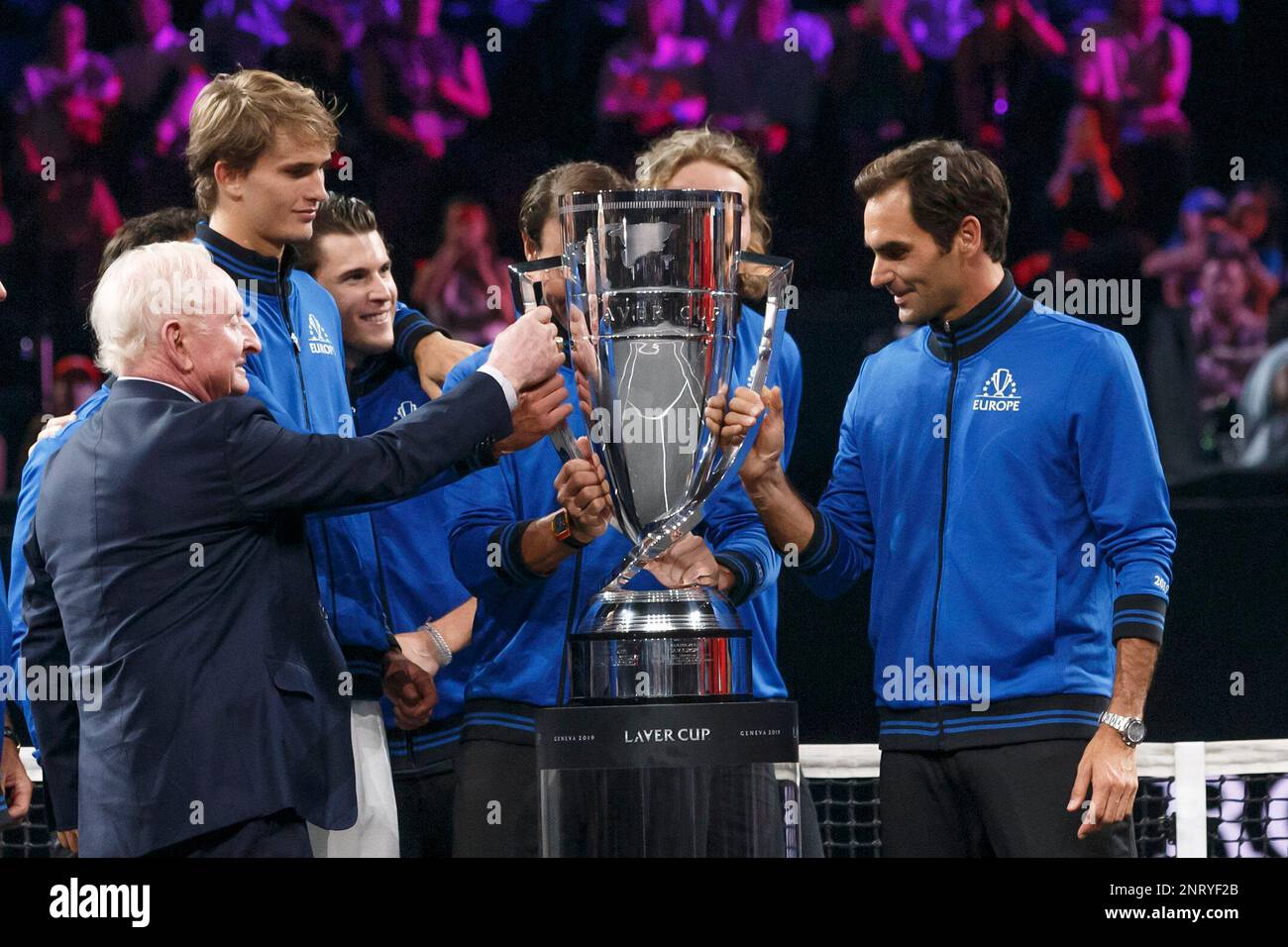 Team Europe's Roger Federer and his teammates lift the Laver Cup trophy ...