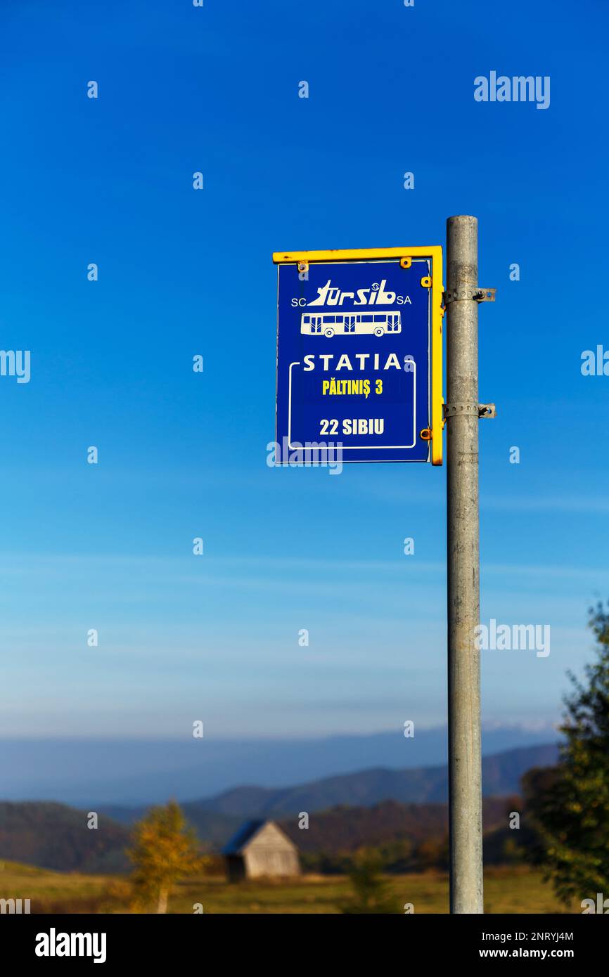Sibiu, Romania - October, 8 2022: Bus stop road sign for touristic ...