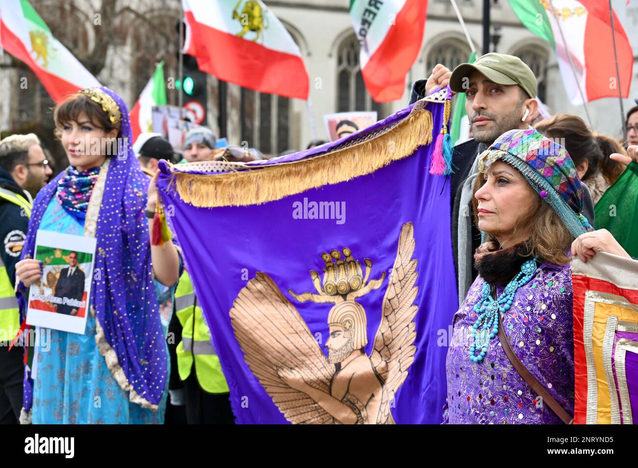 London, UK. Protesters loyal to Reza Pahlavi Iran's former crown prince ...