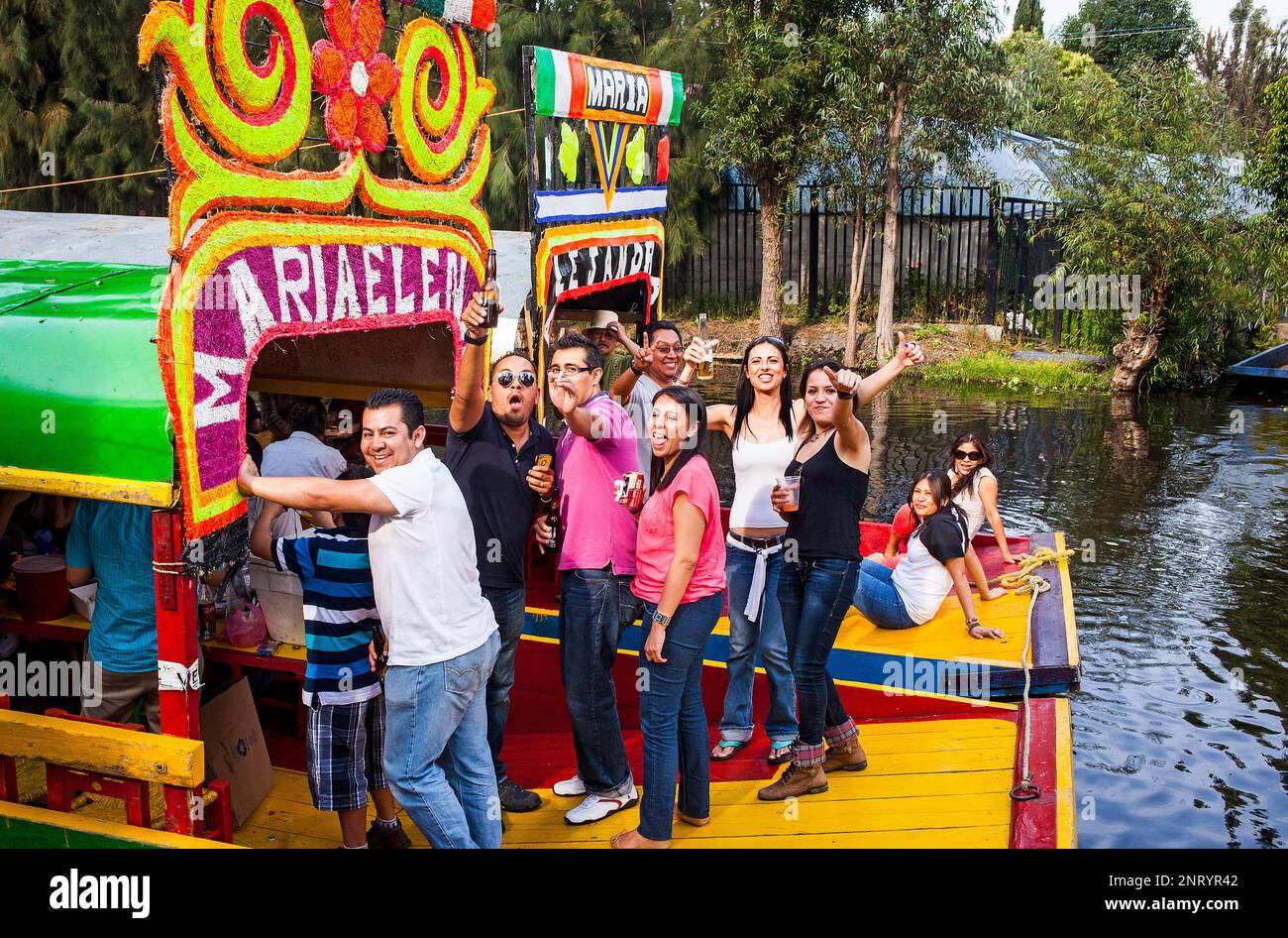 Friends, Trajineras on Canal, Xochimilco, Mexico City, Mexico Stock Photo - Alamy