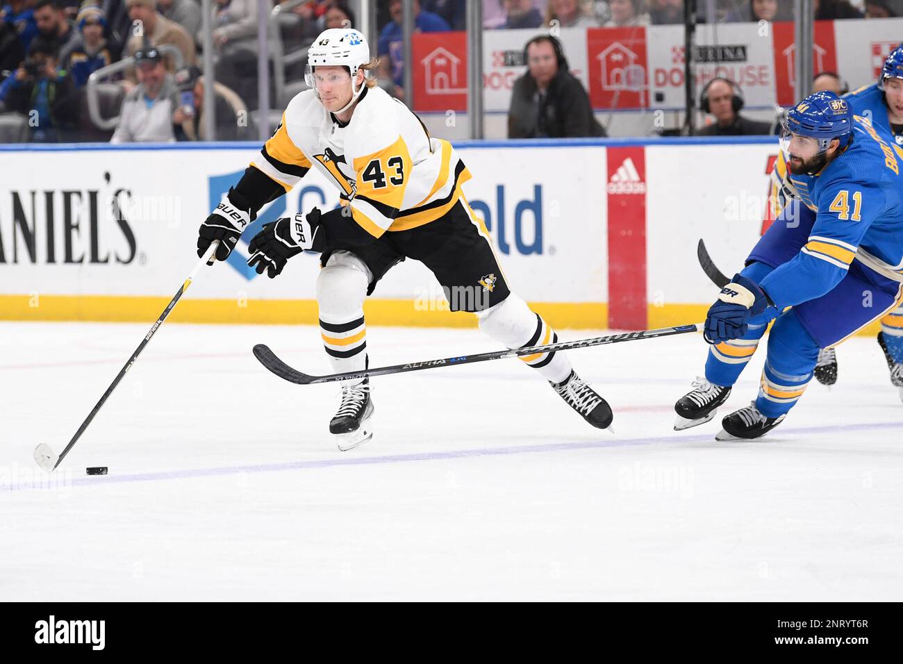 Pittsburgh Penguins' Danton Heinen (43) skates against St. Louis Blues ...