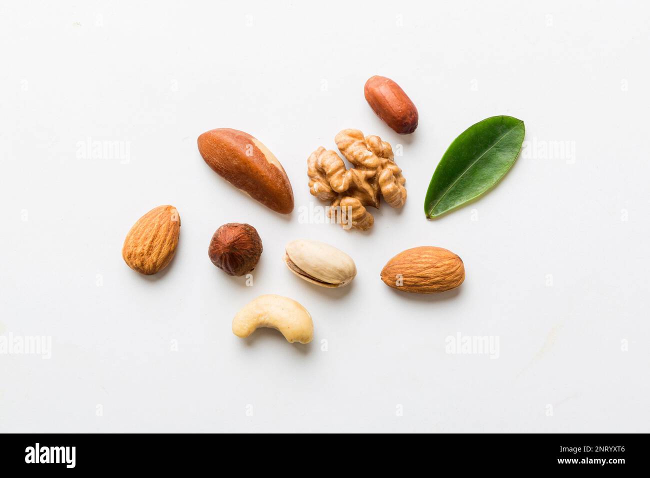 Composition of nuts , flat lay - mix hazelnuts, cashews, almonds on ...