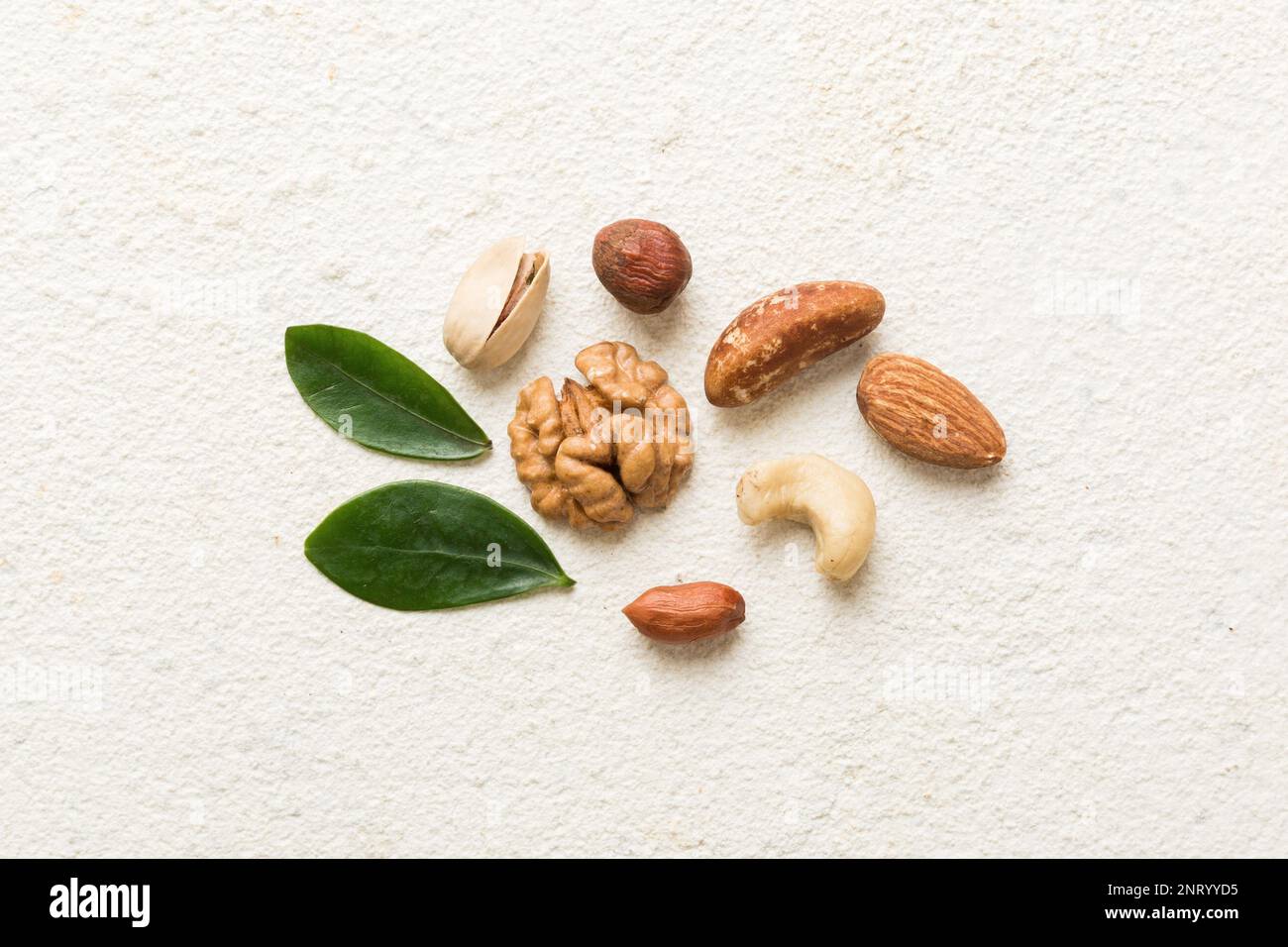 Composition of nuts , flat lay - mix hazelnuts, cashews, almonds on ...