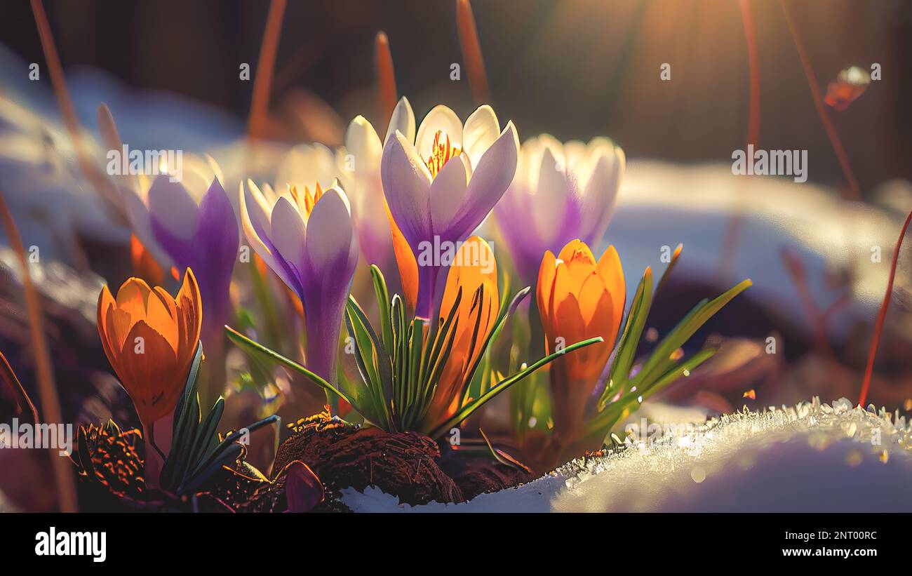 The first spring flowers, crocuses in a forest with snow background also have copy space for ...