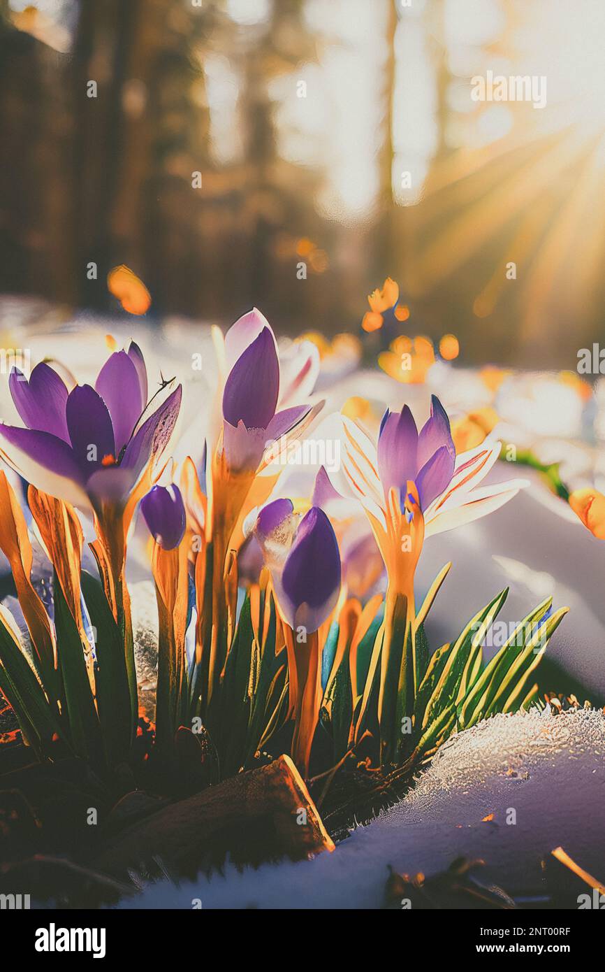 The first spring flowers, crocuses in a forest with snow background also have copy space for ...