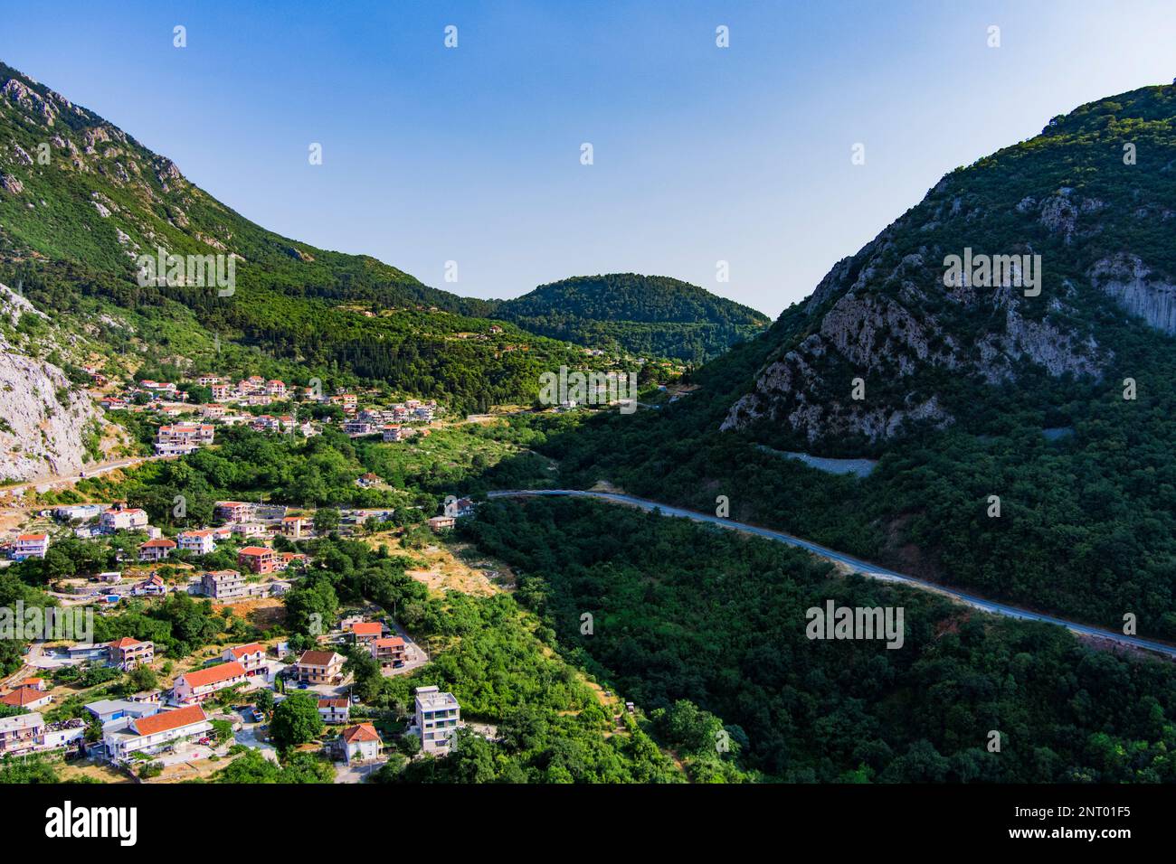 Montenegro. Bay of Kotor. Drone. Top view of a village in a mountain ...