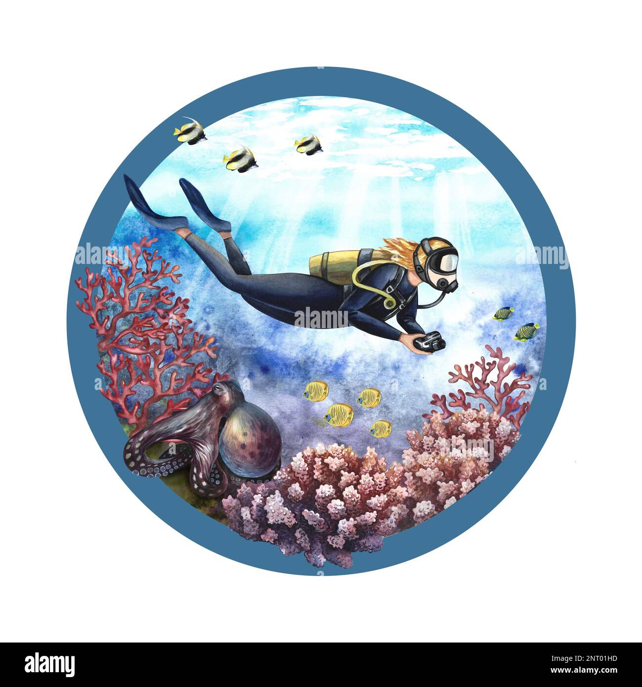 Girl diver swims underwater. Underwater travel. Watercolor hand drawn ...