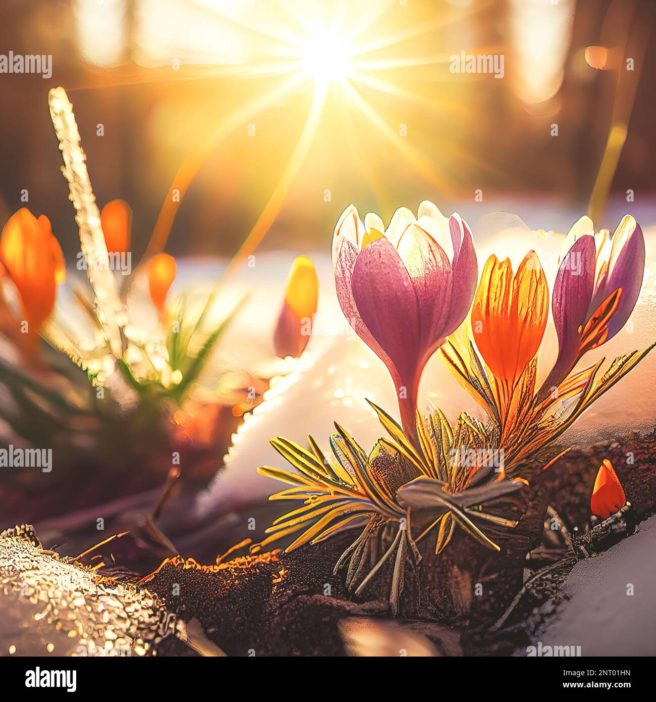 The first spring flowers, crocuses in a forest with snow background also have copy space for ...