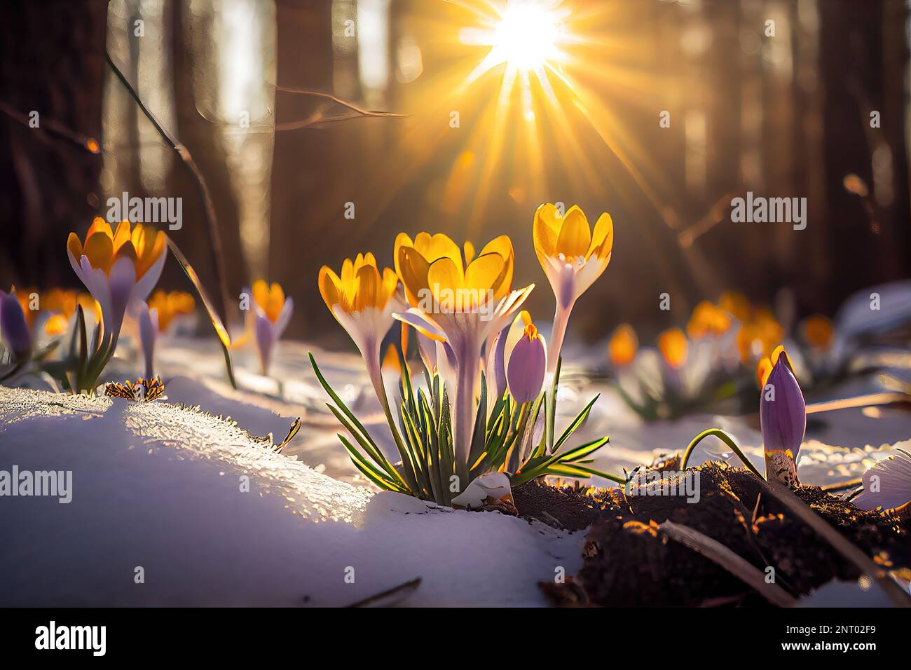 The first spring flowers, crocuses in a forest with snow background ...
