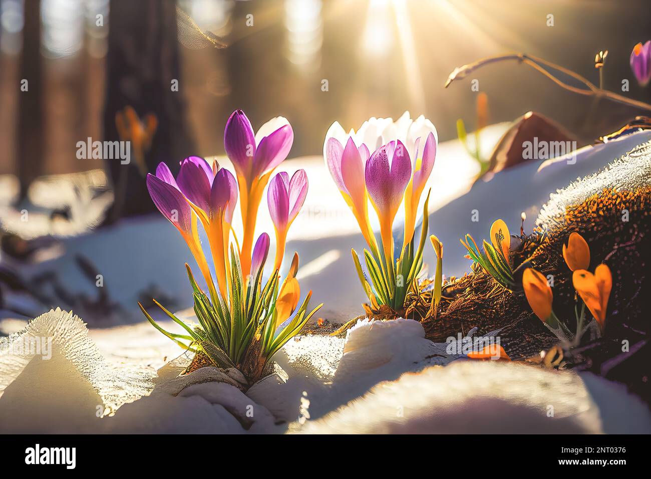 The first spring flowers, crocuses in a forest with snow background also have copy space for ...