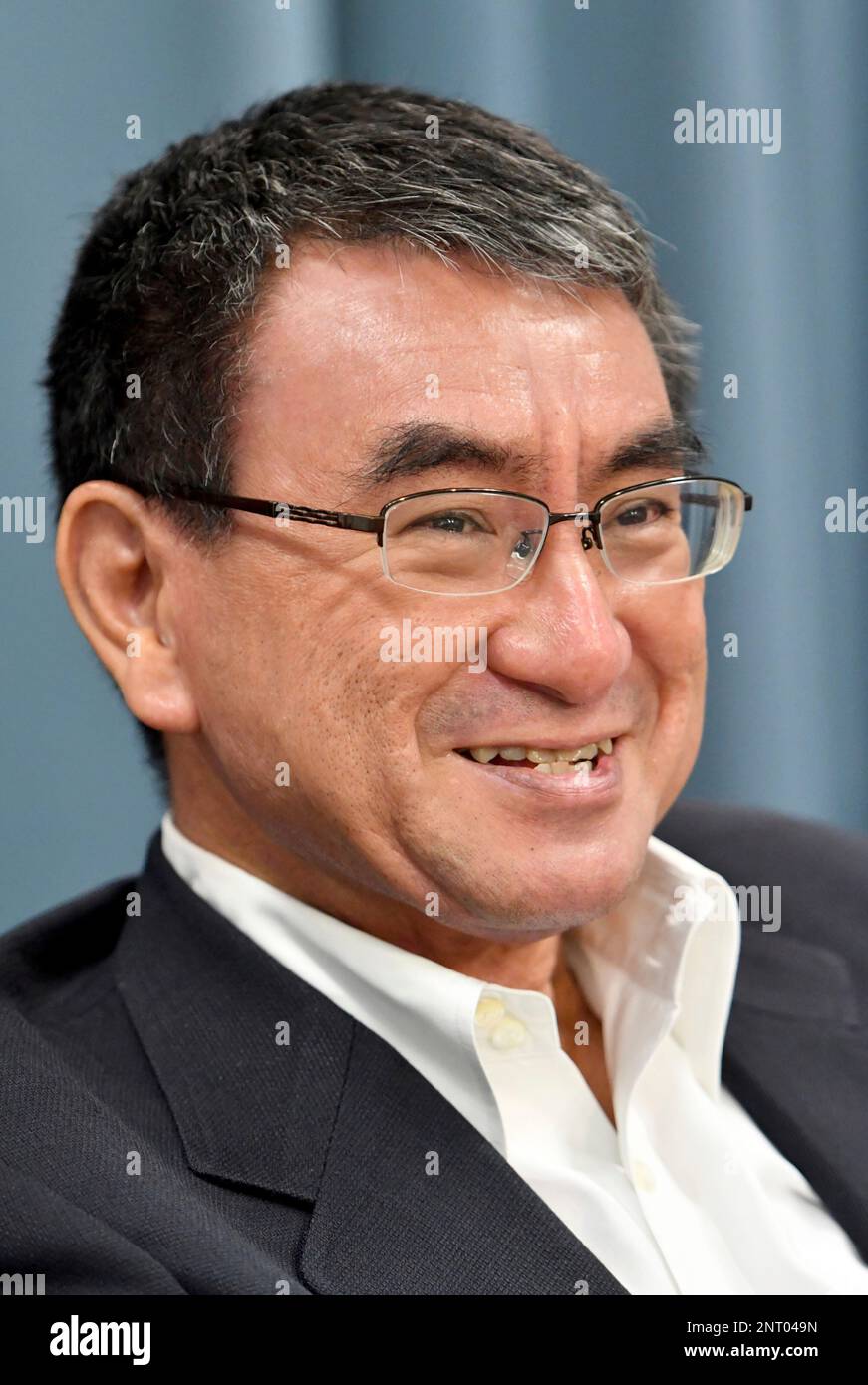 Japan's Minister of Defense Taro Kono speaks during an interview in his ...