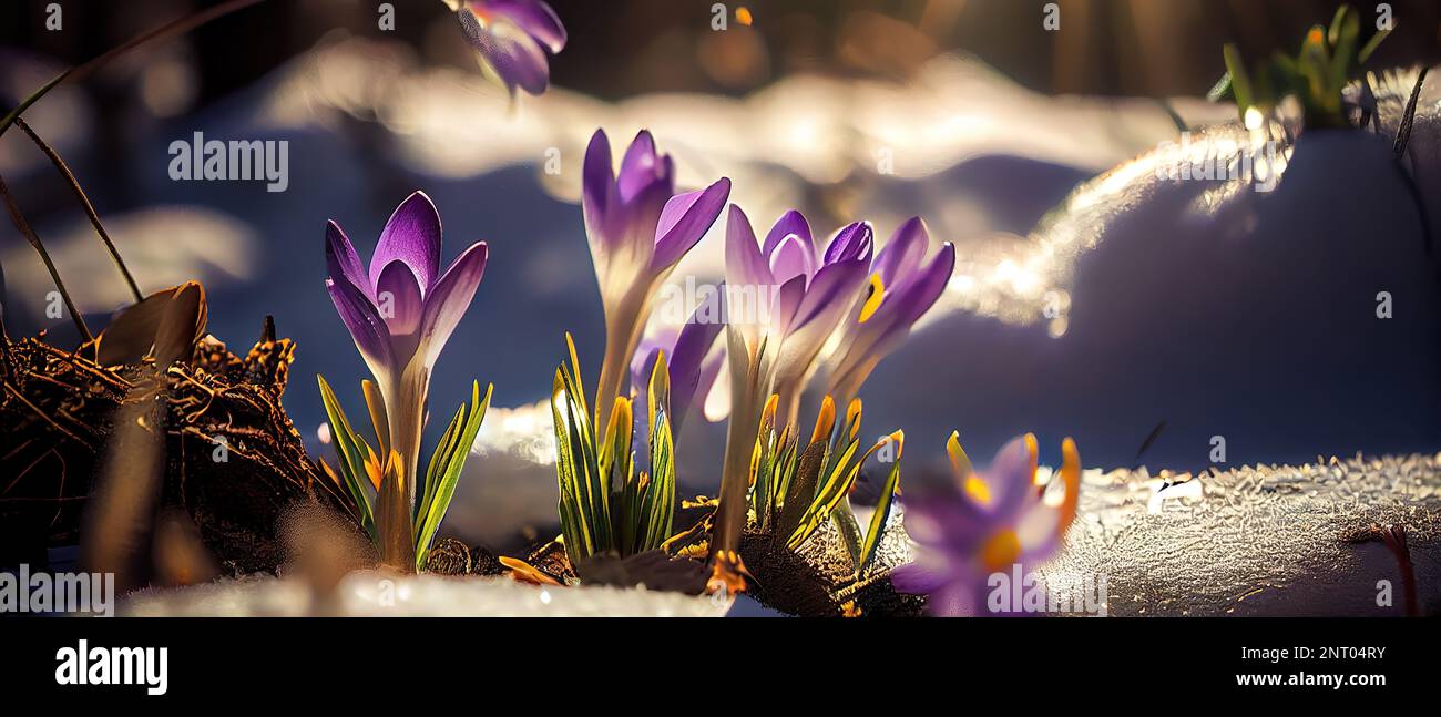 The first spring flowers, crocuses in a forest with snow background also have copy space for ...