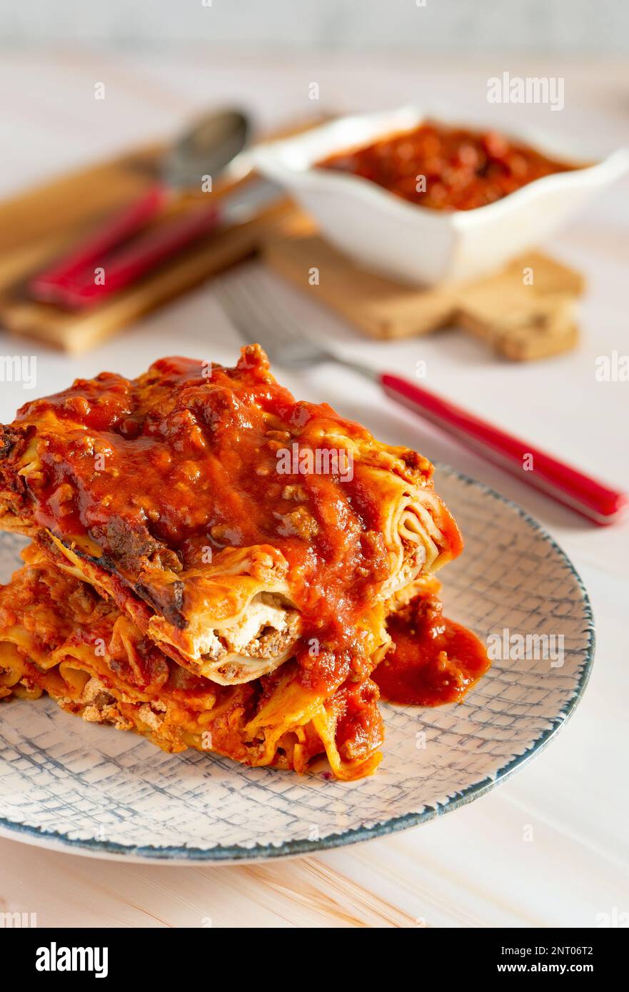 Gastronomic specialty italian baked pasta lasagna with meat ragu sauce ...