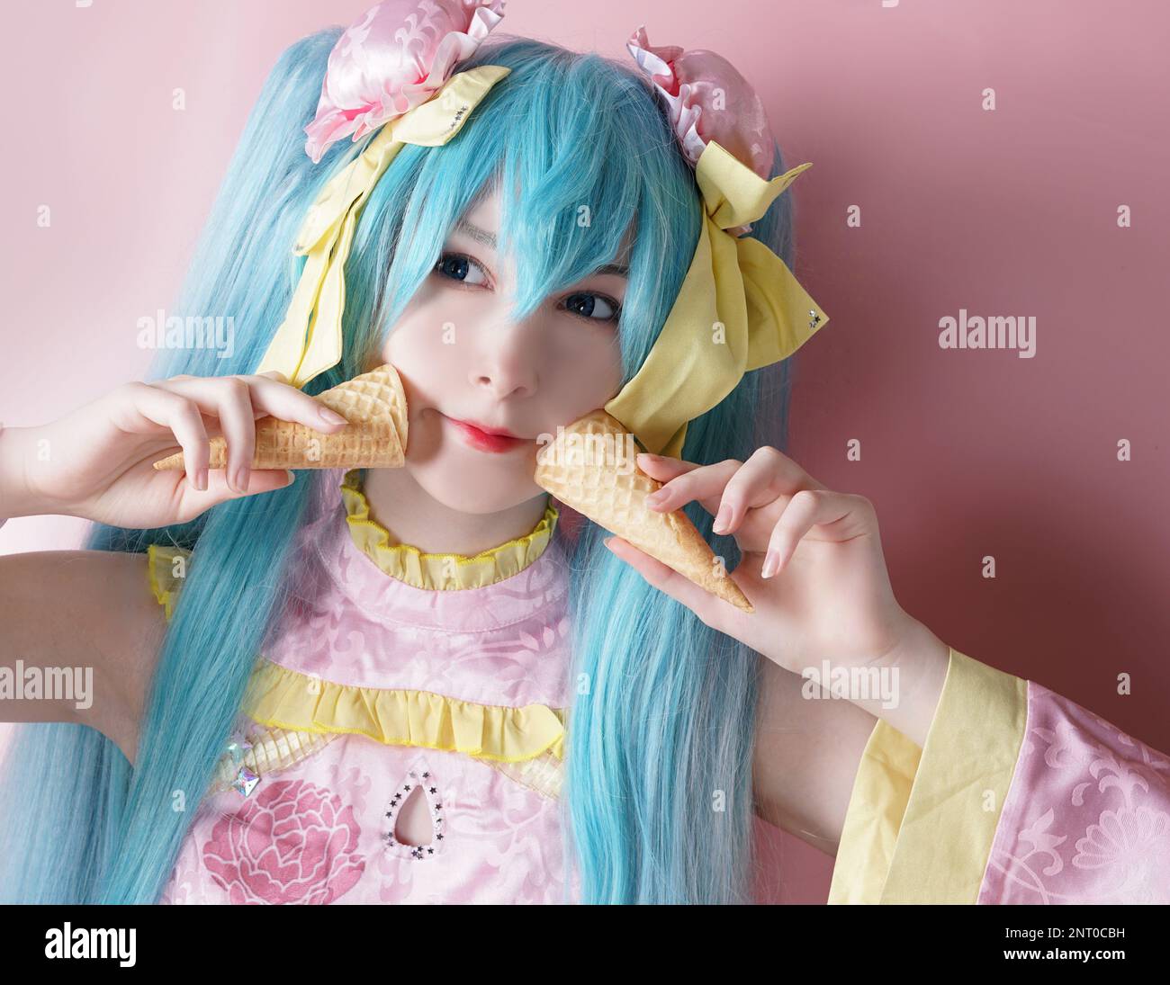 Japan anime cosplay , portrait of girl cosplay with waffle cones in ...