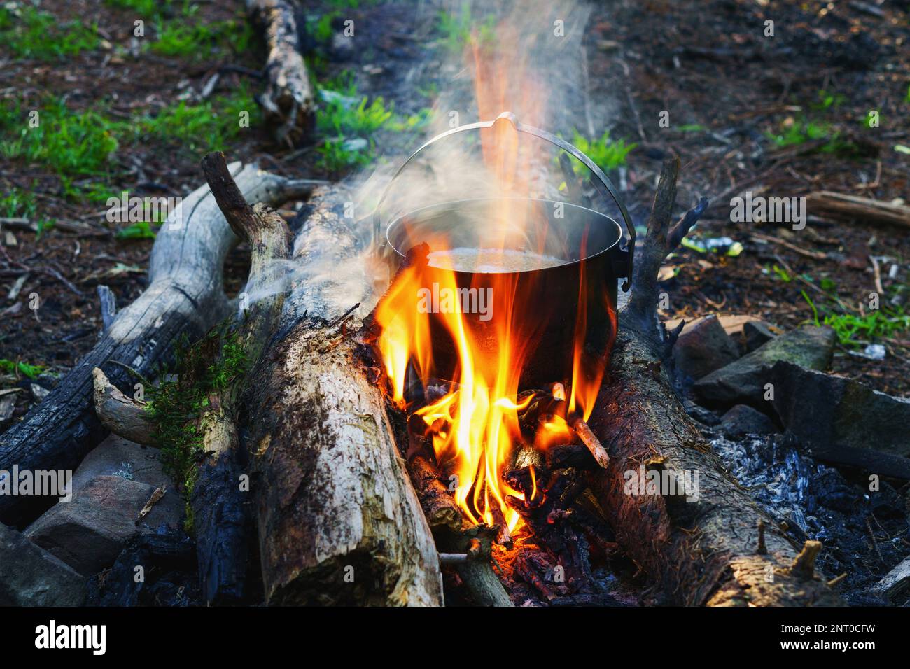 Tourist bowler with food on bonfire, cooking in the hike, outdoor ...